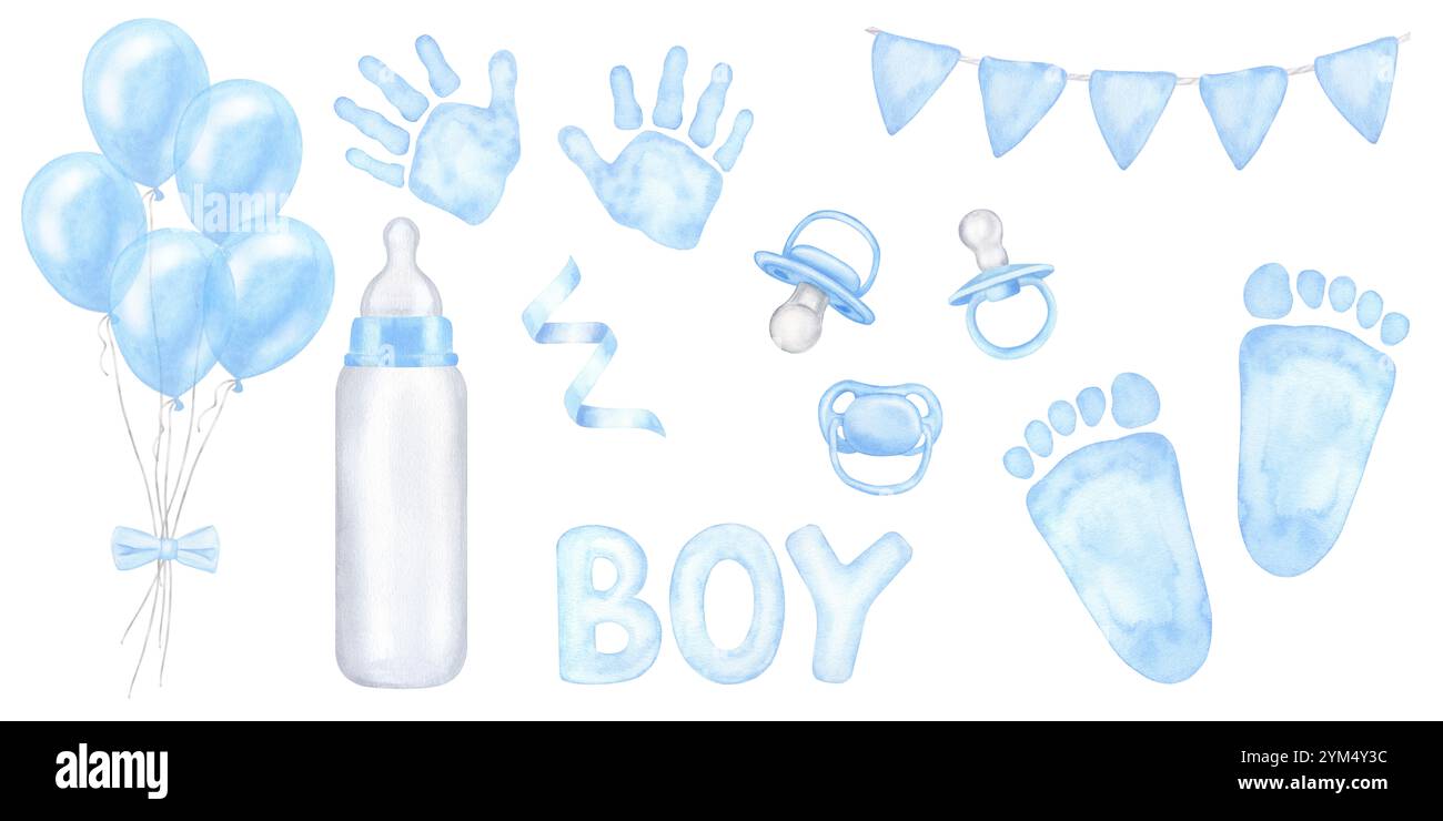 Newborn boy banner set, blue flags, milk bottle, pacifier, footprint ...