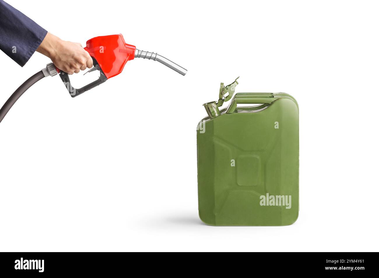 Jerrycan and petrol station worker with a refuel gun isolated on white ...