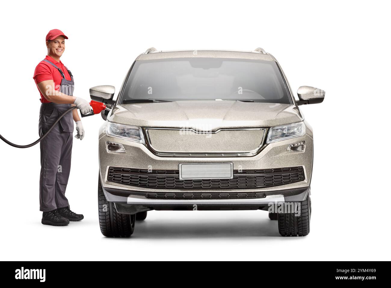 Petrol station worker filling a SUV with fuel isolated on white ...