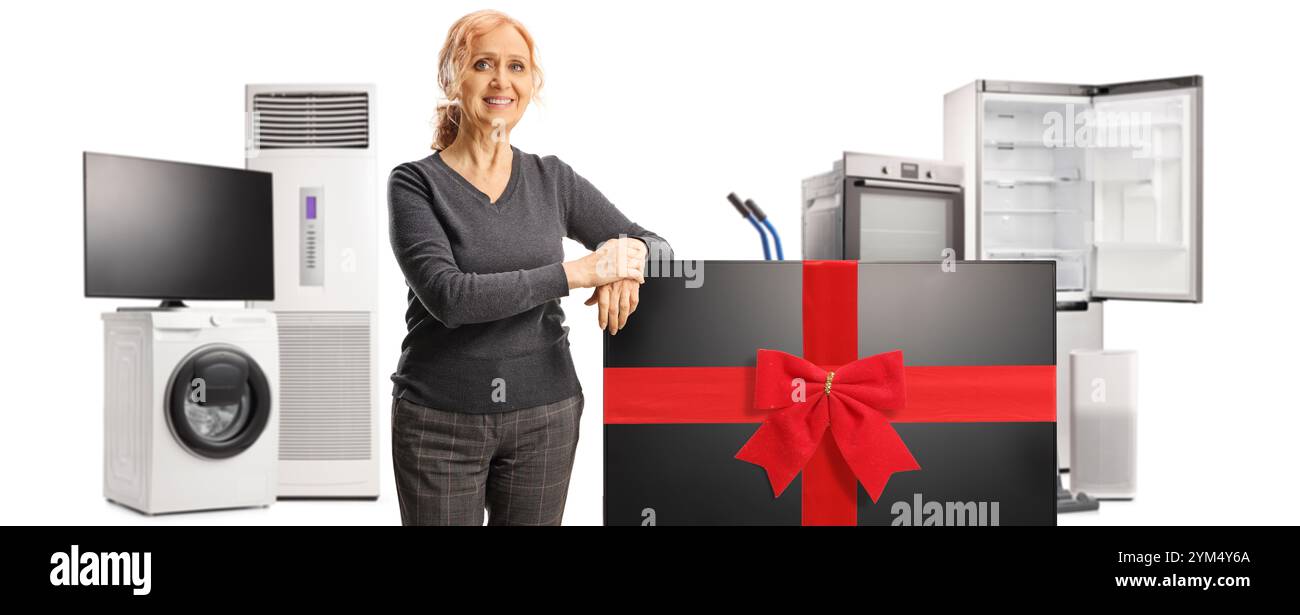 Woman and home appliances sale, tv screen, fridge, oven, washing ...