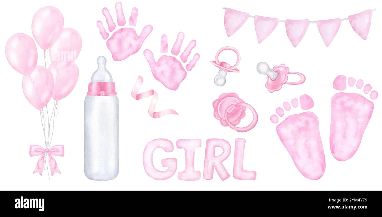 Newborn girl banner set, pink flags, milk bottle, pacifier, footprint ...