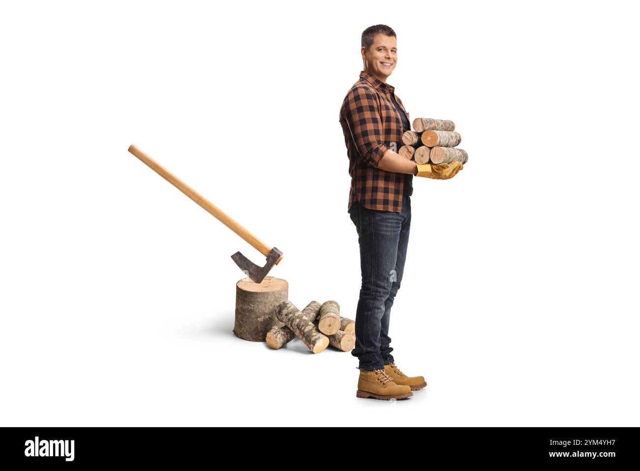Man carrying wood trunks and cutting trees with an axe isolated on ...