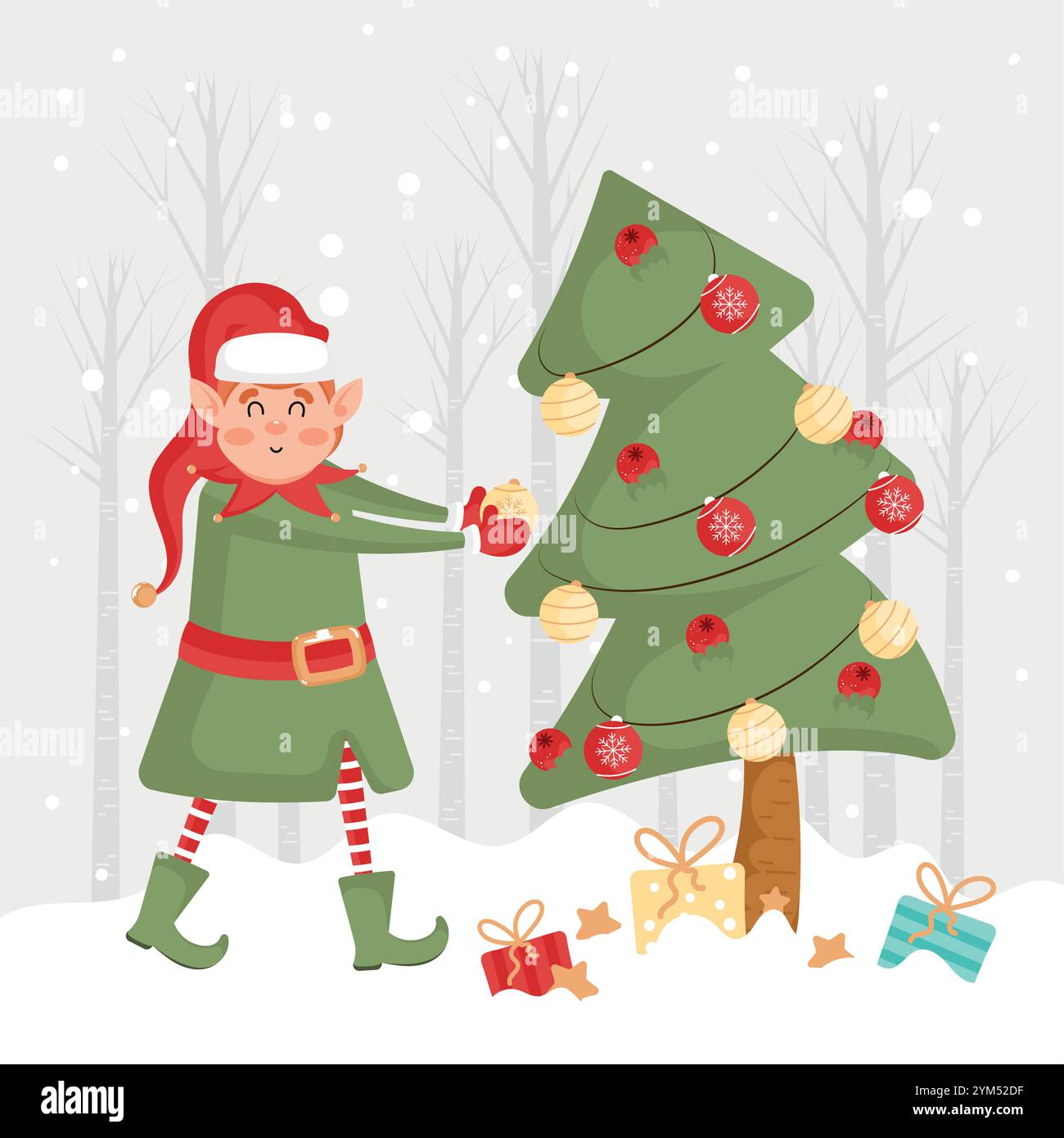 Christmas elf decorating Christmas tree with gifts, Vector Stock Vector ...
