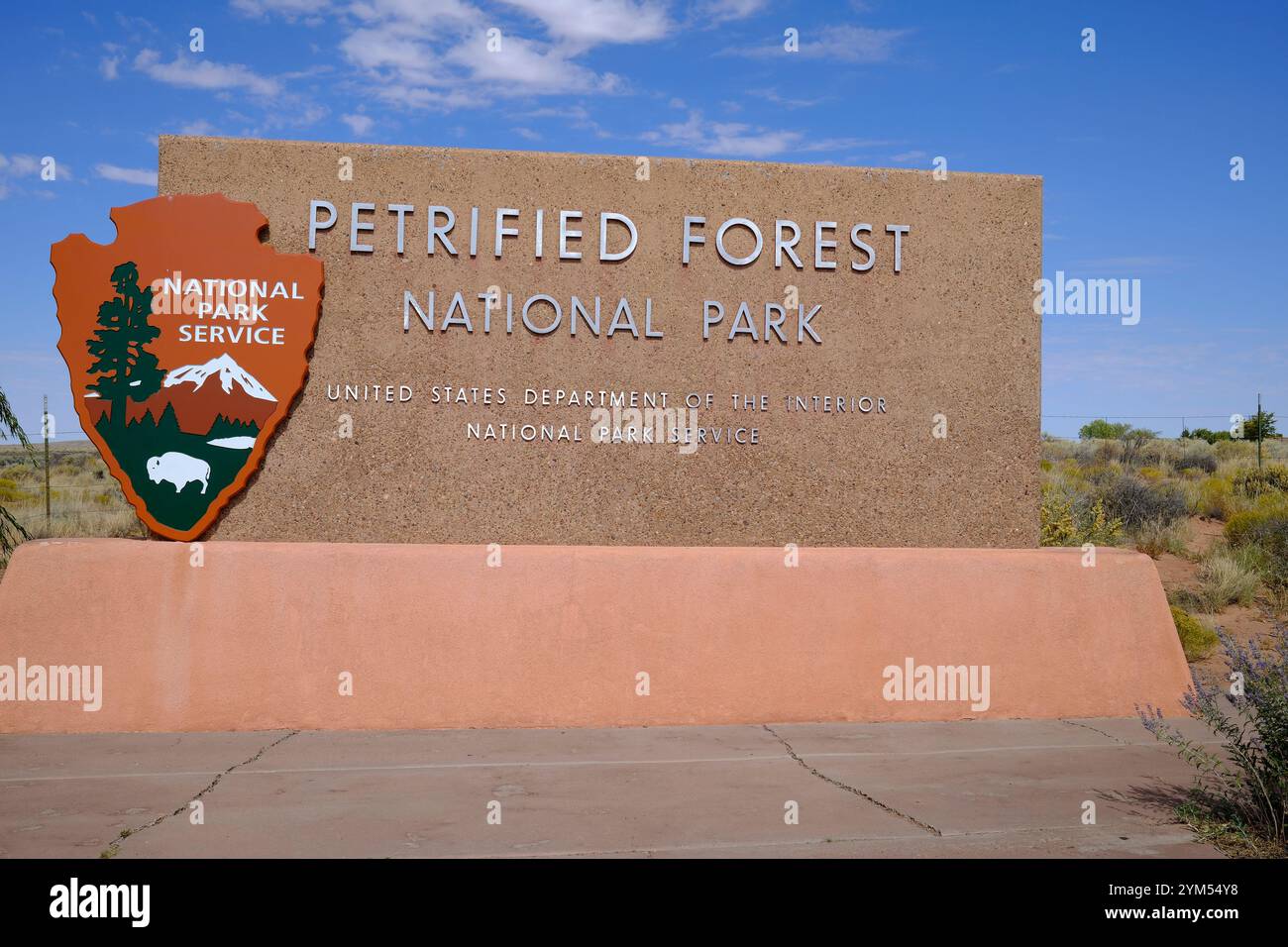 Entrance sign for Petrified Forest National Park in Arizona Stock Photo ...