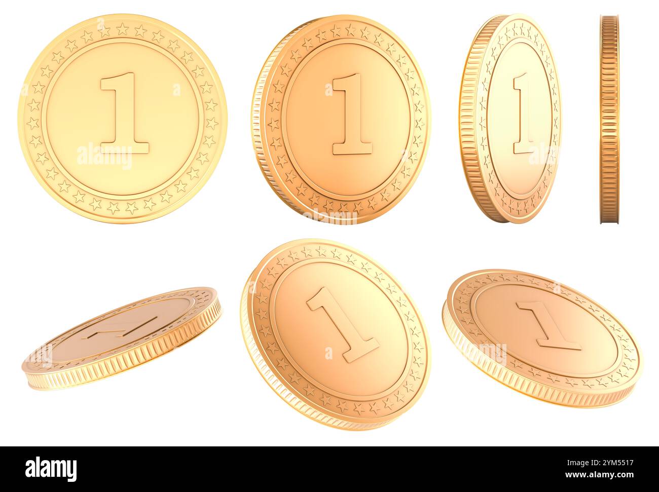 One golden coins, side and front views. 3D rendering isolated on white ...