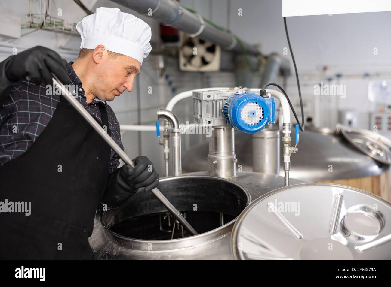 Brewmaster mixing beer components in tank Stock Photo - Alamy