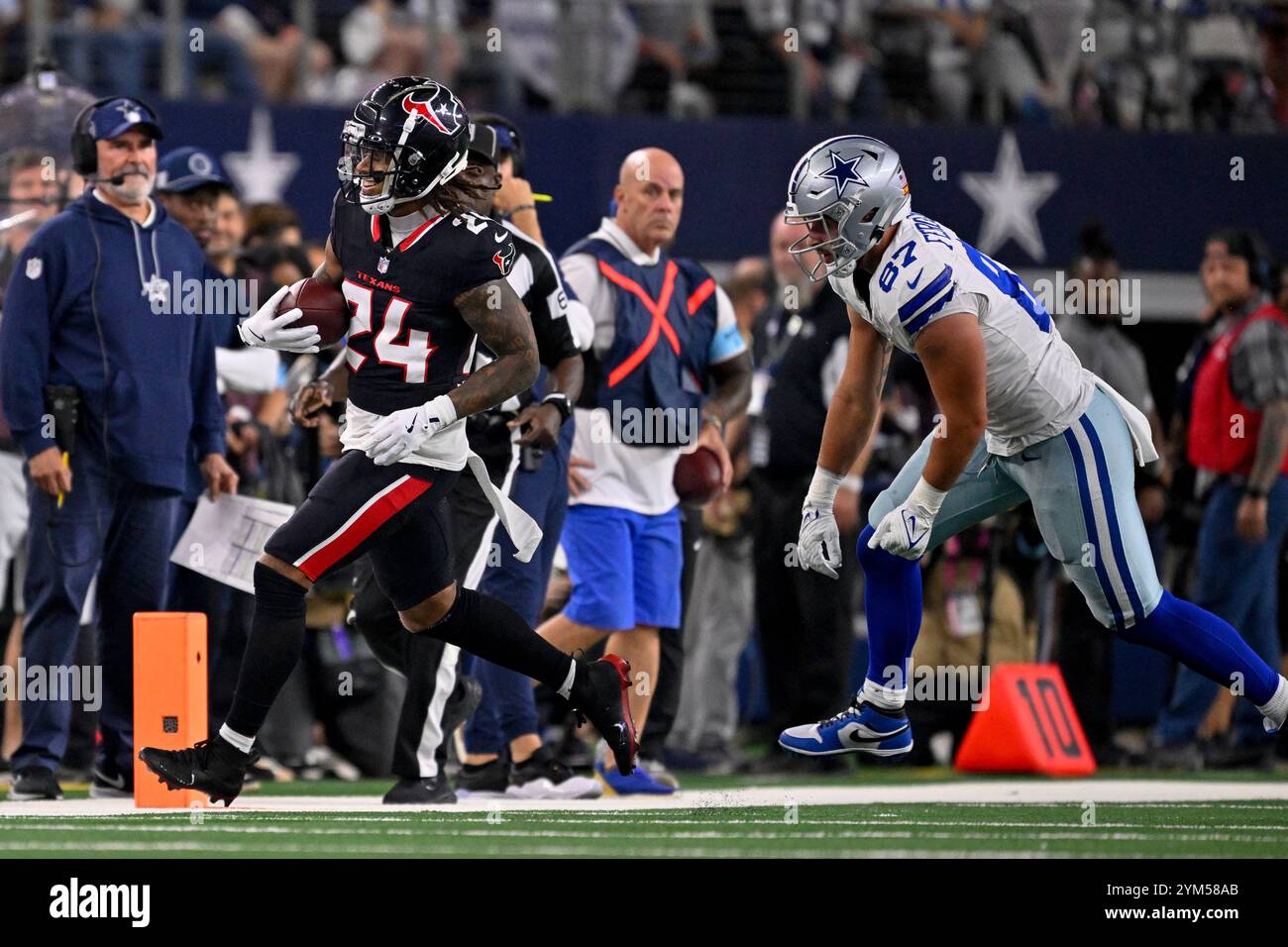 Dallas Cowboys tight end Jake Ferguson (87) chases Houston Texans cornerback Derek Stingley Jr ...