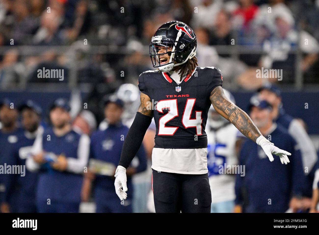 Houston Texans cornerback Derek Stingley Jr. (24) looks on during an NFL football game against ...