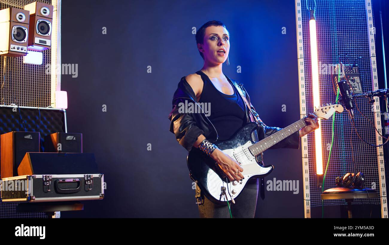 Superstar musician showing the stop sign with her palm to express ...