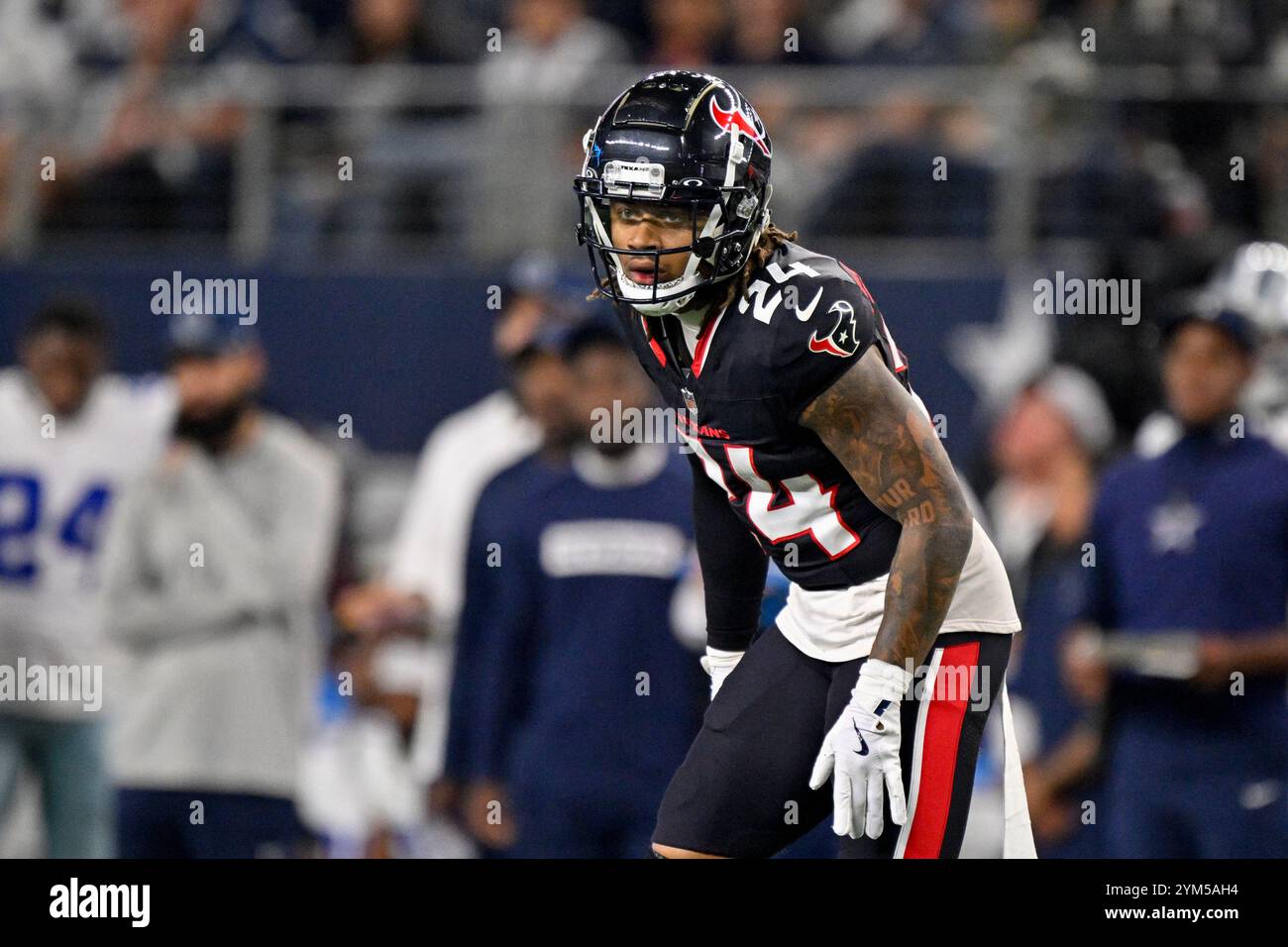 Houston Texans cornerback Derek Stingley Jr. (24) looks on during an NFL football game against ...