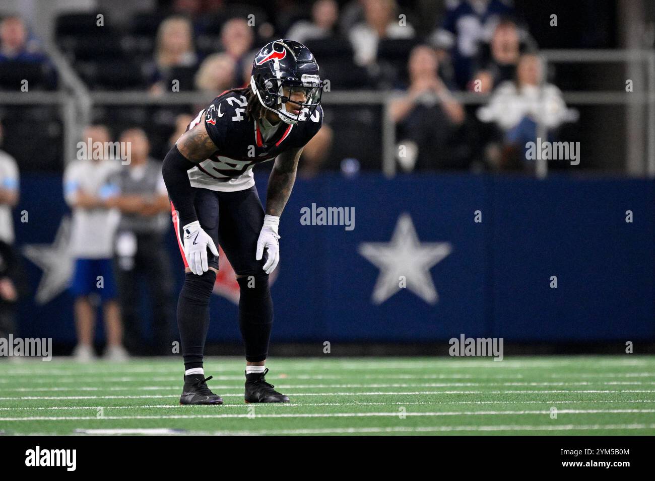Houston Texans cornerback Derek Stingley Jr. (24) gets into position during an NFL football game ...