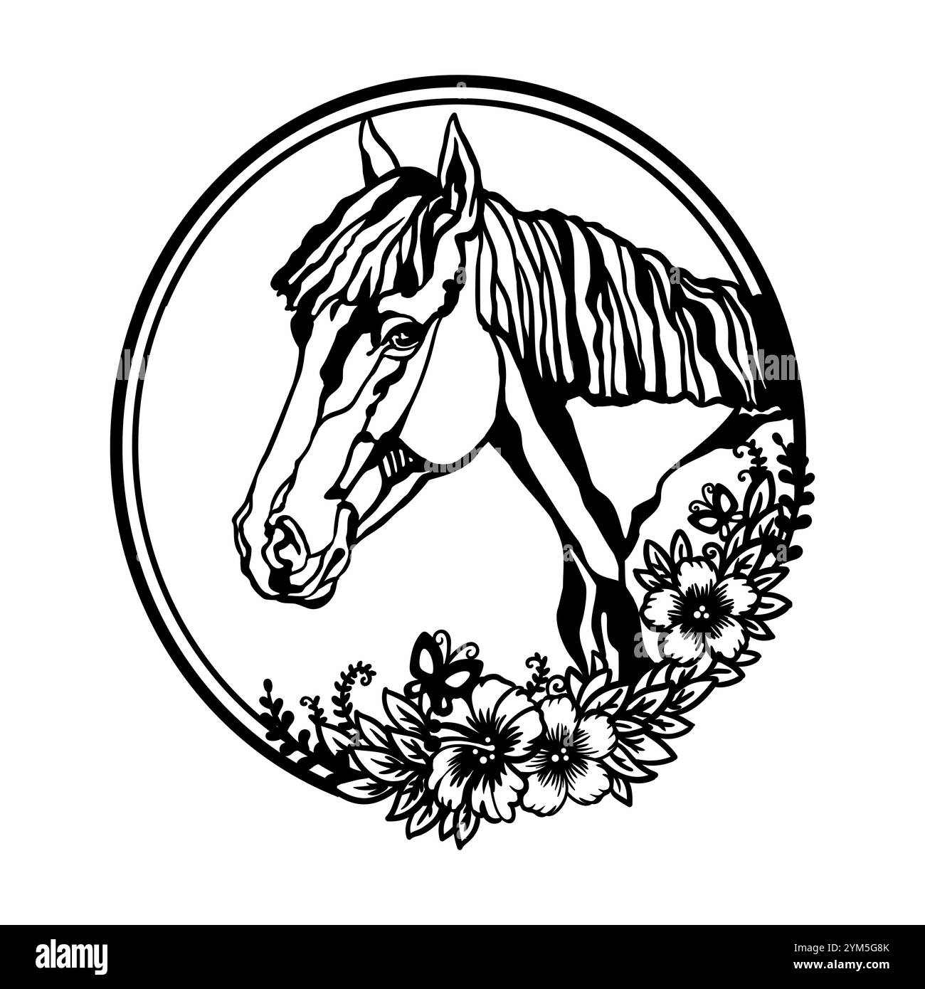 Head of horse with flowers and leaves. Vector illustration. Hand drawn ...