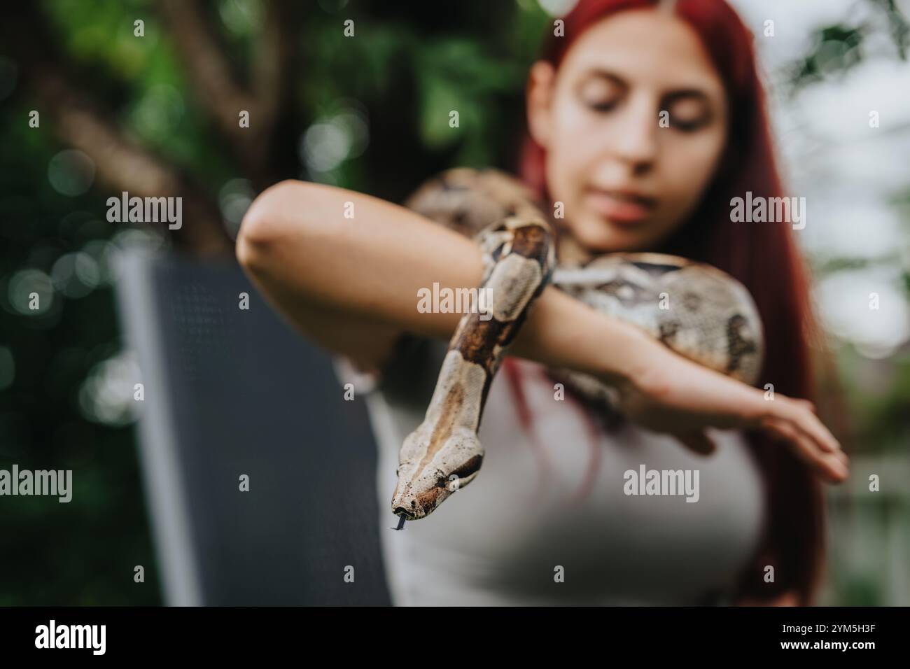 Girl holding a snake on her arm in a natural setting Stock Photo - Alamy