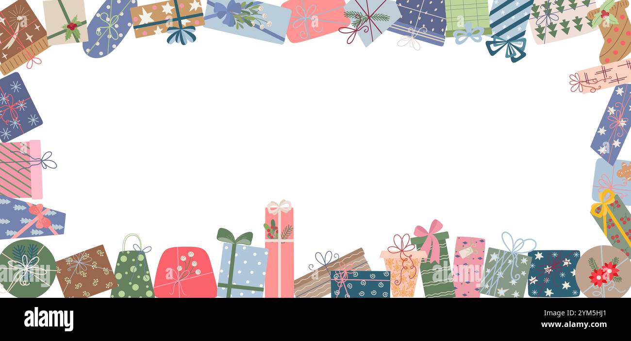 Christmas gift festive rectangular frame, boxes wrapped in colorful ...