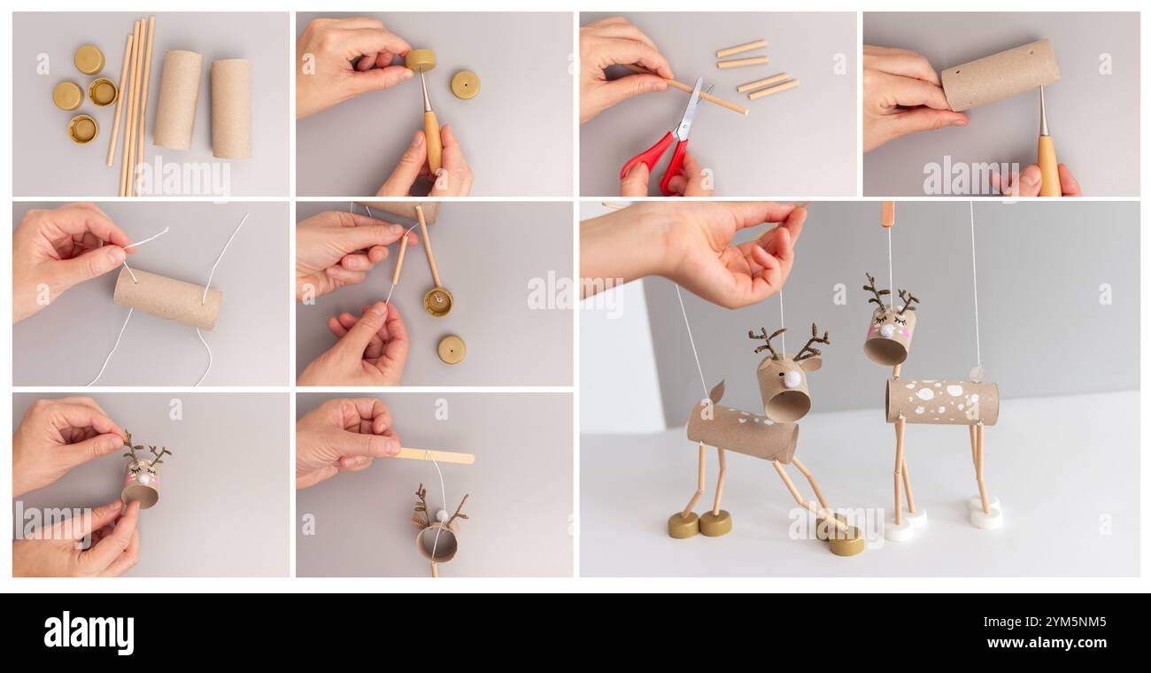 Christmas DIY reindeer puppet tutorial collage with cardboard tubes and ...