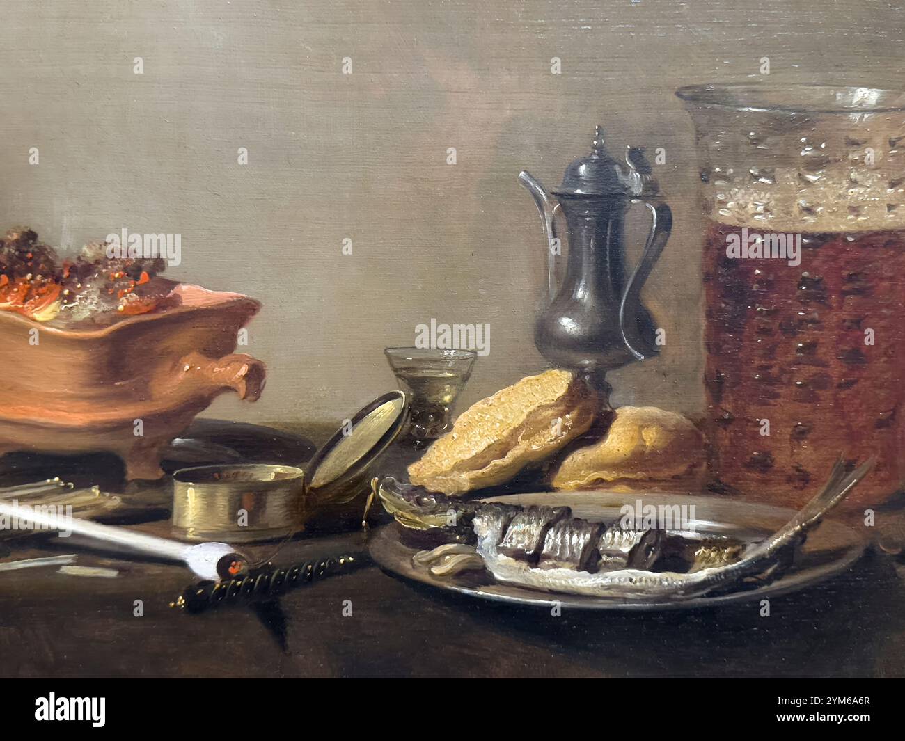 Still Life by Pieter Claesz. Objects include beer, fish, white pipe ...