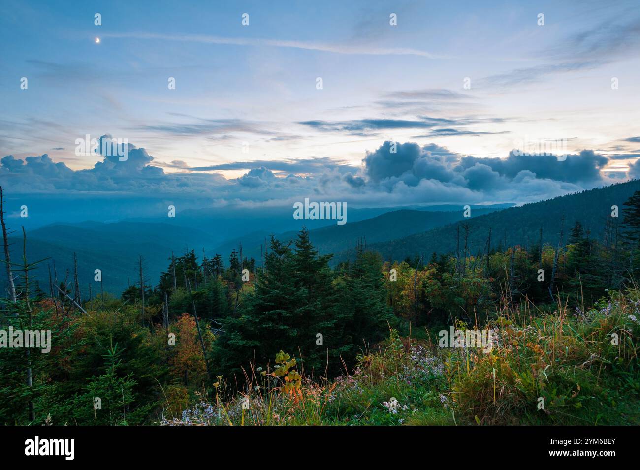 Moon and flowing clouds over ridge of Great Smoky Mountains national ...