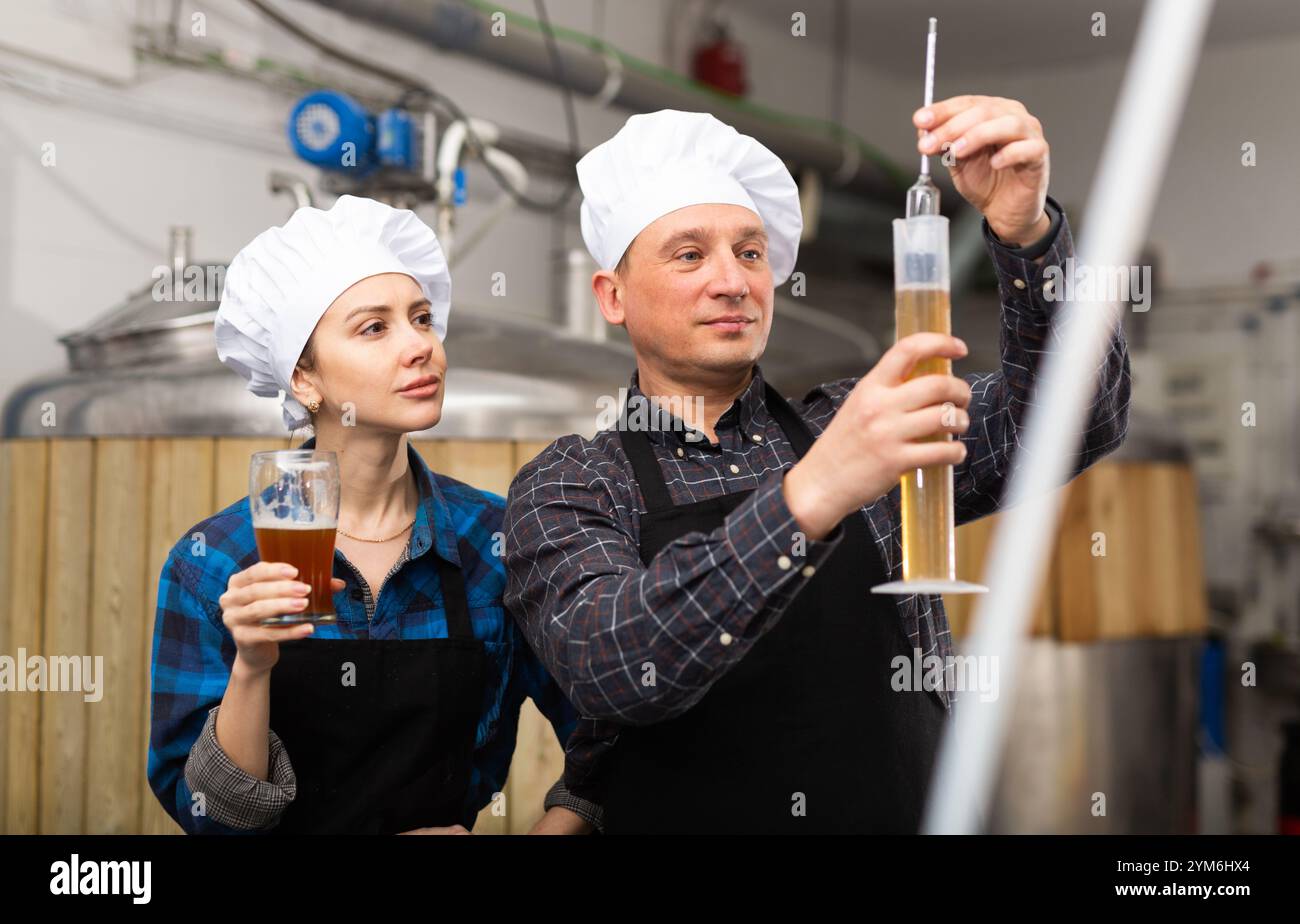 Experienced brewer with female assistant measuring beer gravity with ...