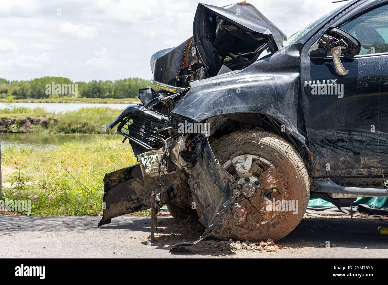 BANGKOK, THAILAND, MAY 25 2022, The front of a TOYOTA car destroyed by ...