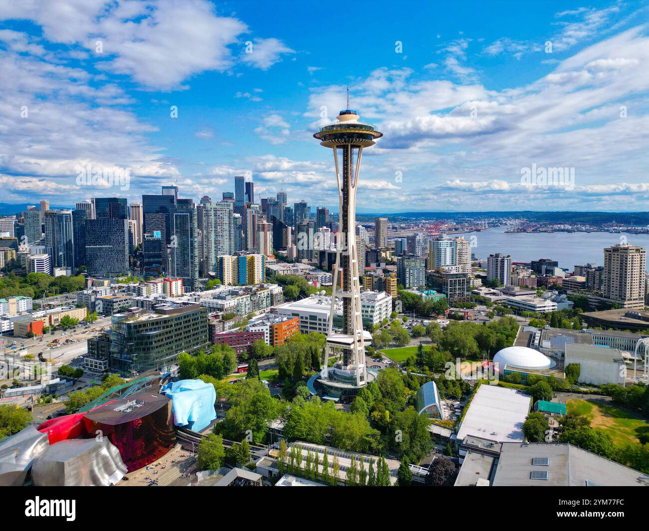Seattle, Washington, USA- July 25, 2024: Aerial Seattle. Space Needle ...