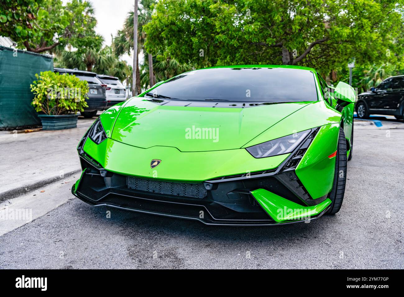 Miami Beach, Florida USA - June 9, 2024: 2023 Lamborghini Huracan Tecnica green at miami beach ...