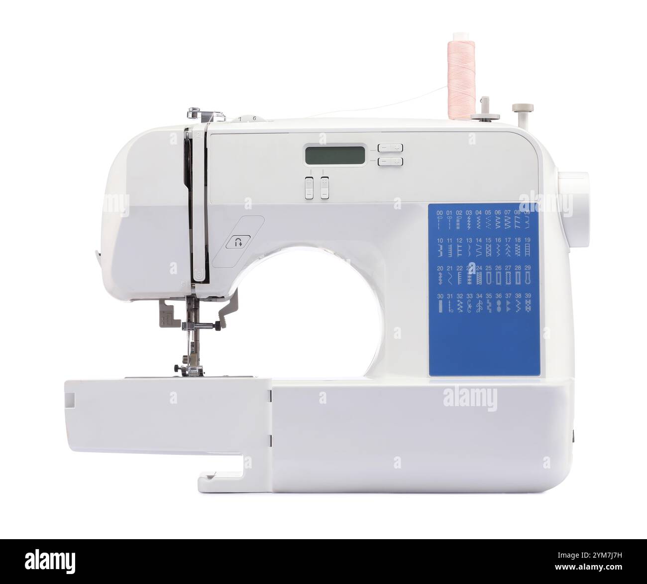 One modern sewing machine isolated on white Stock Photo - Alamy
