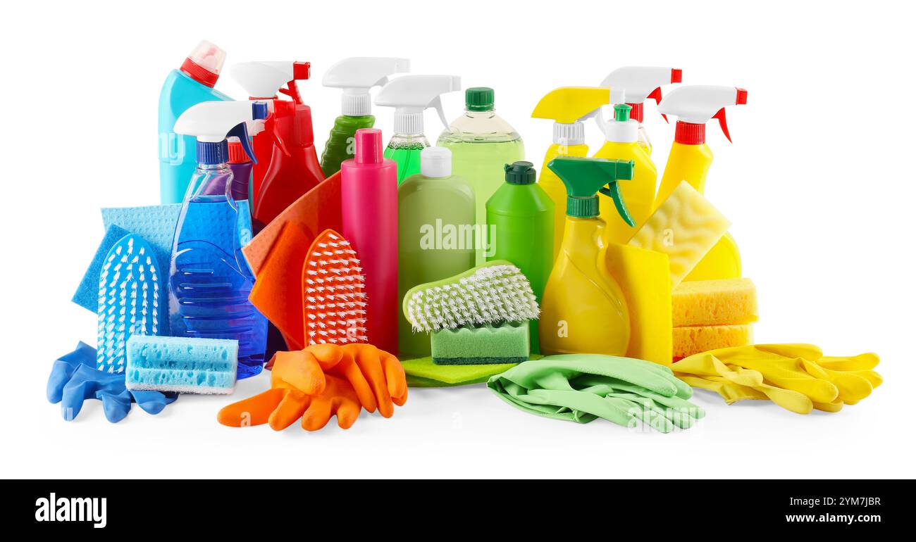 Set of different cleaning products isolated on white Stock Photo - Alamy