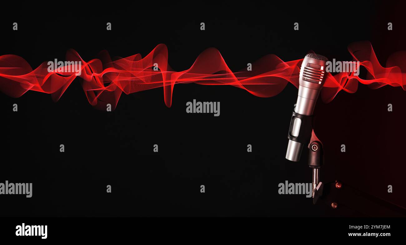 Sound wave and microphone on black background. Banner design Stock ...