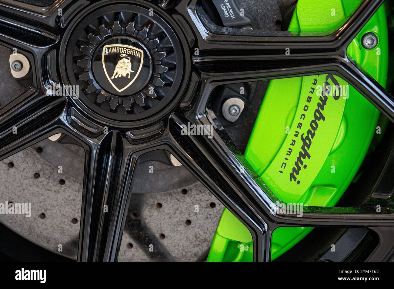 Lamborghini Aventador SVJ rim and carbo ceramic brakes are seen at the ...