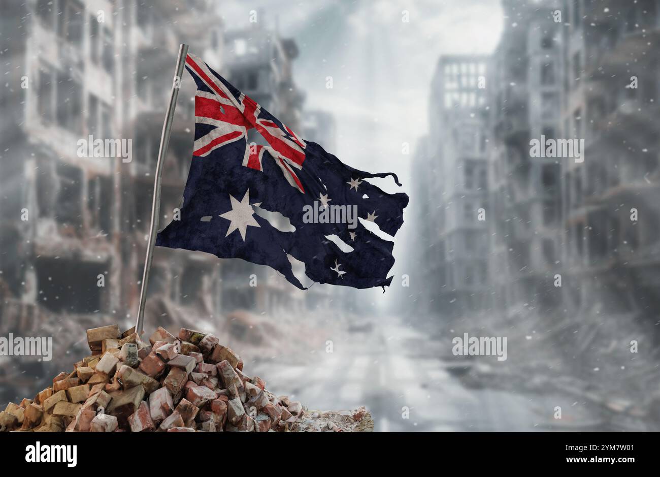 Dirty and torn Australia flag, symbol of resistance and victory. A ...