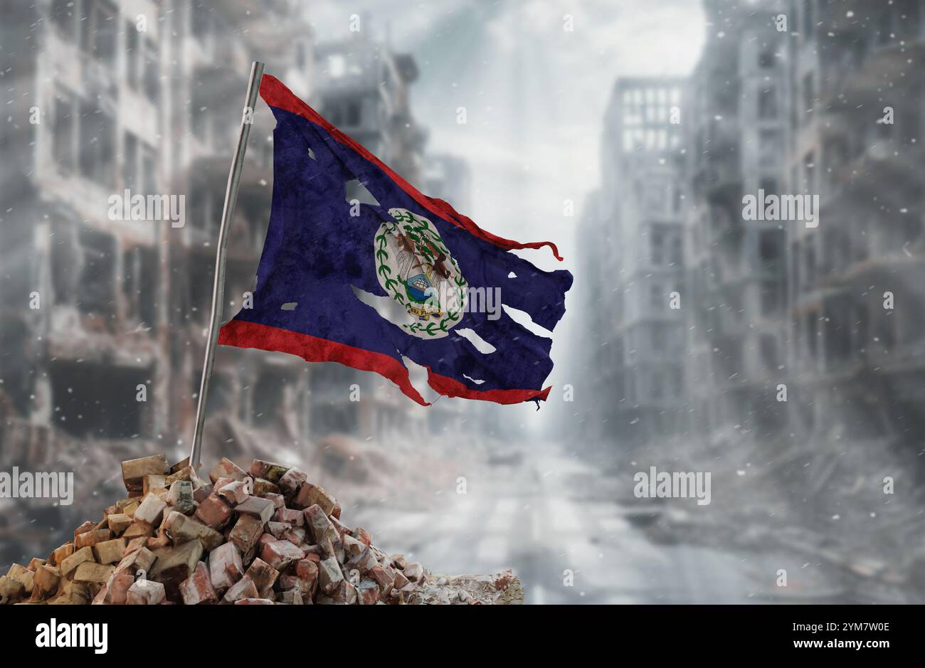 Dirty and torn Belize flag, symbol of resistance and victory. A scene ...