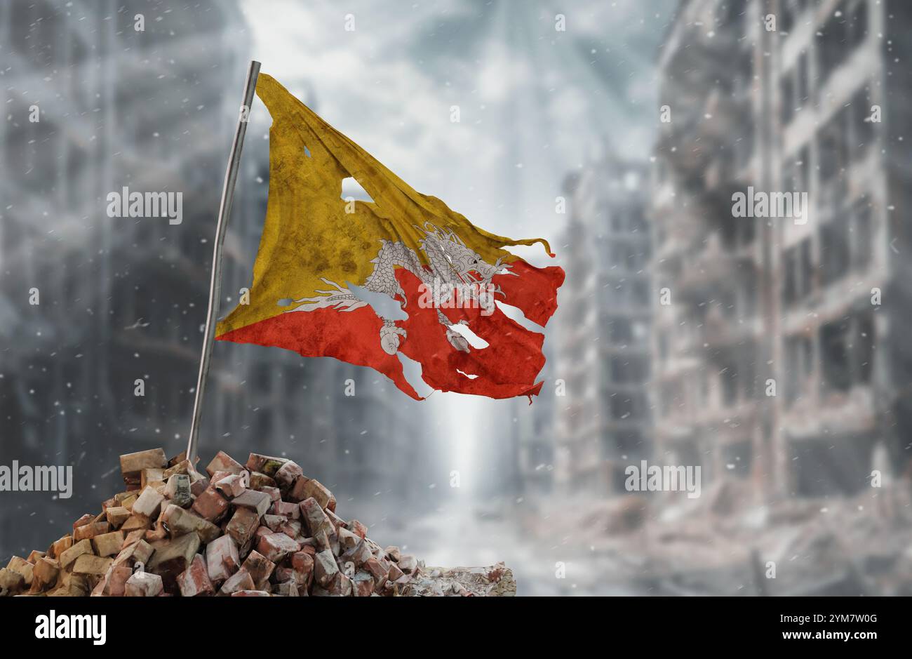 Dirty and torn Bhutan flag, symbol of resistance and victory. A scene ...