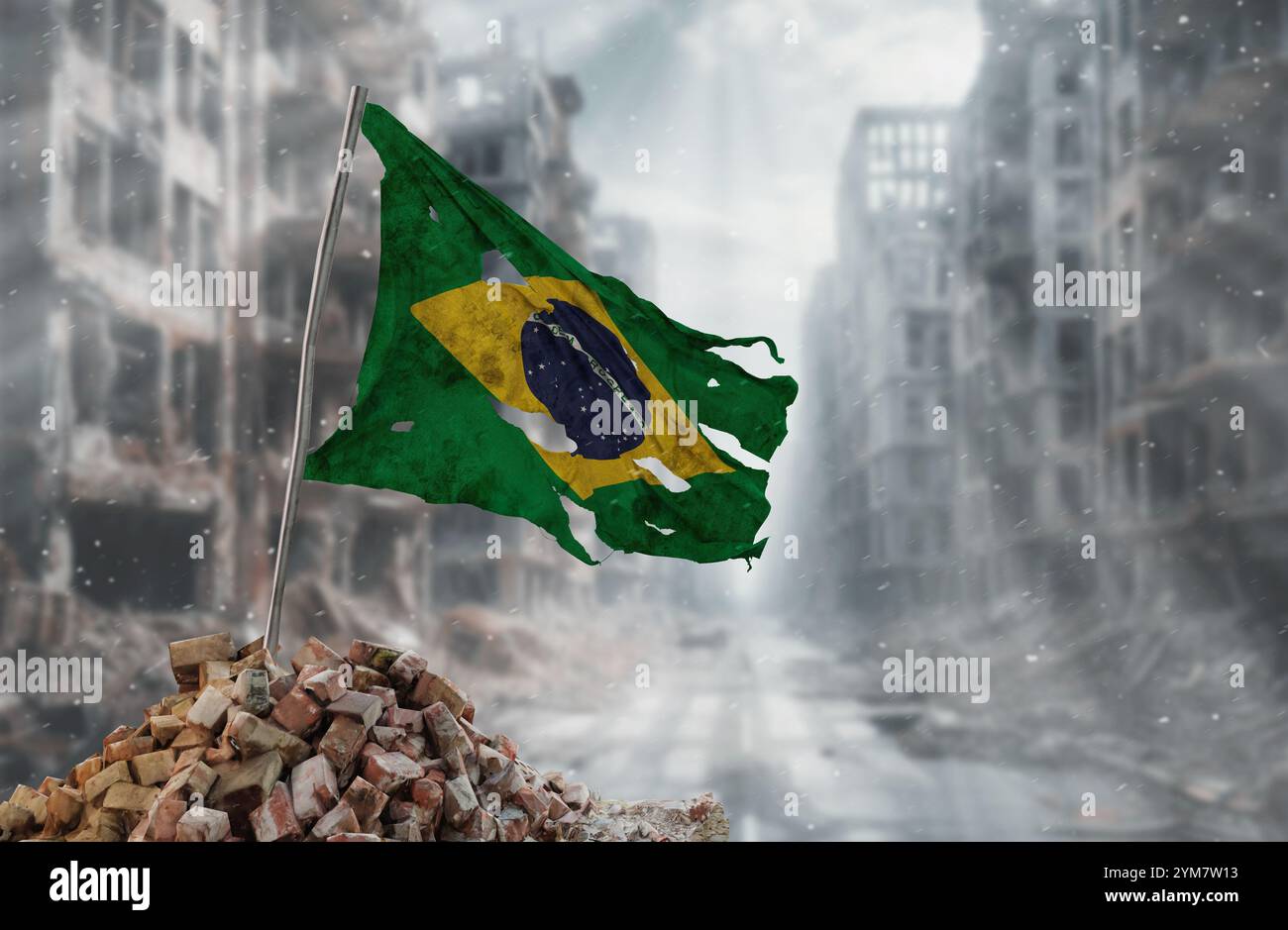 Dirty and torn Brazil flag, symbol of resistance and victory. A scene ...