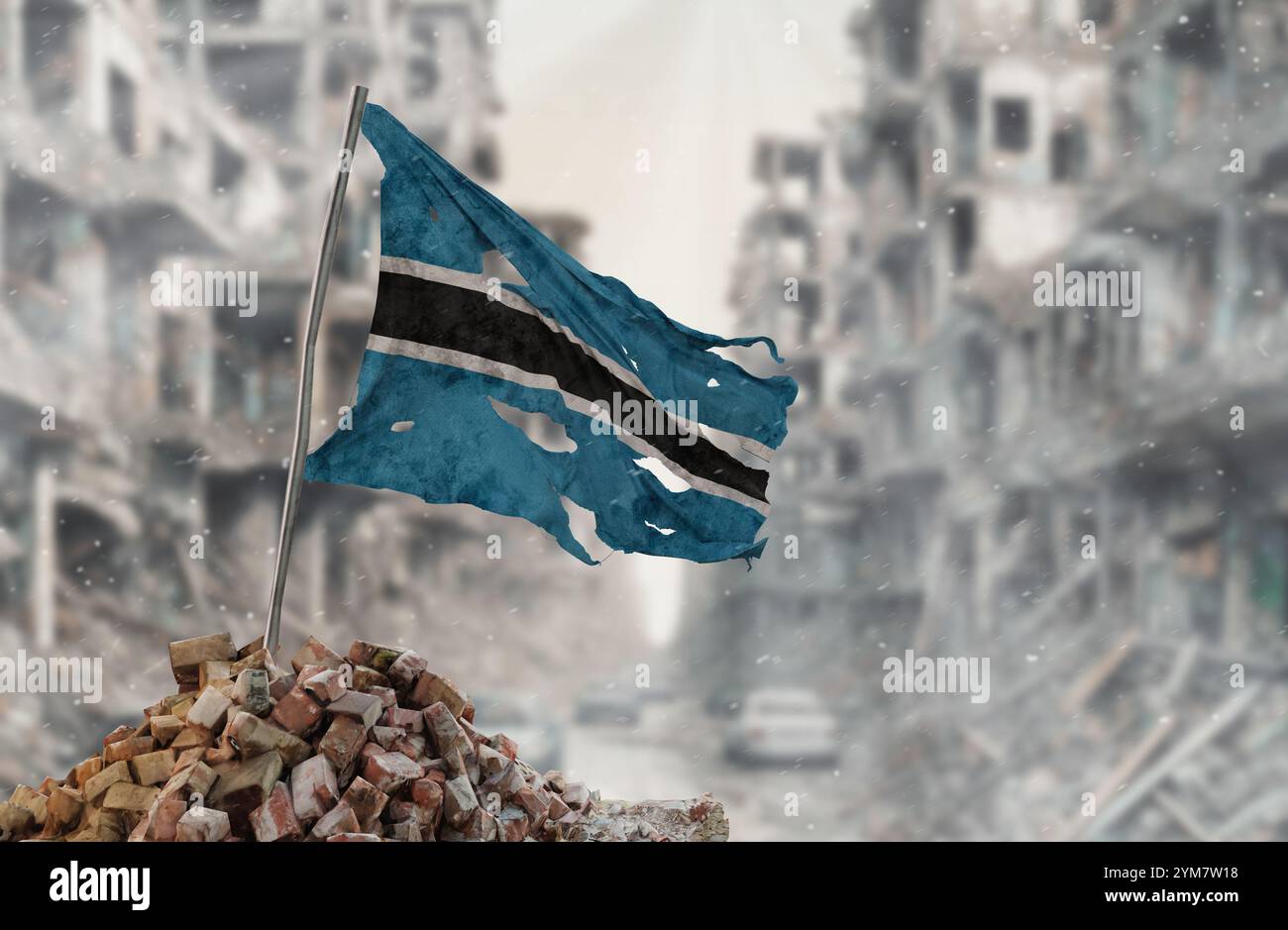 Dirty and torn Botswana flag, symbol of resistance and victory. A scene ...