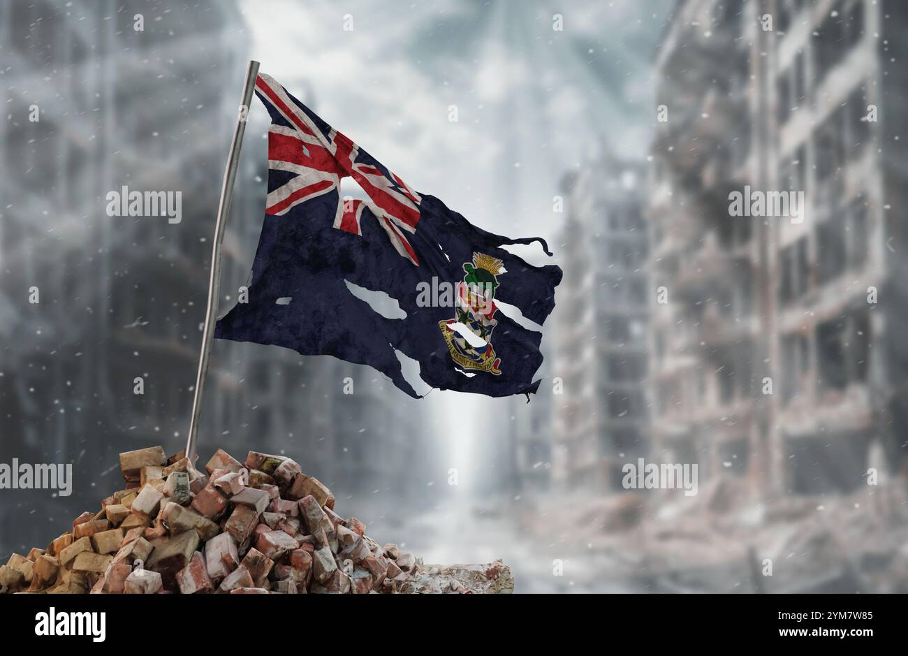 Dirty and torn Cayman Islands flag, symbol of resistance and victory. A ...