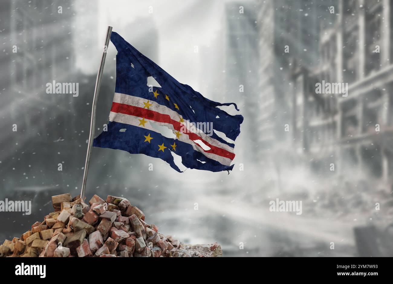 Dirty and torn Cape Verde flag, symbol of resistance and victory. A ...