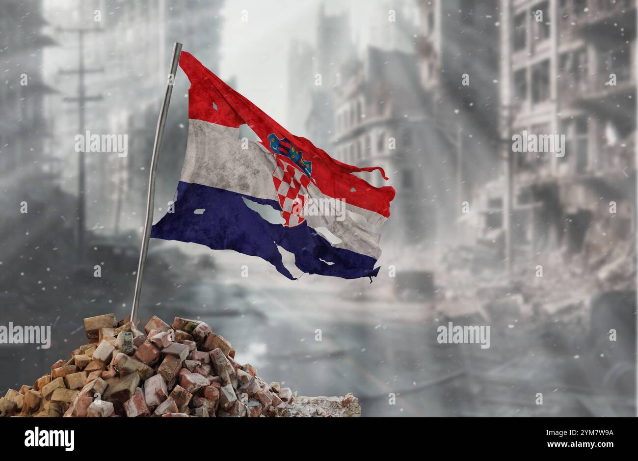 Dirty and torn Croatia flag, symbol of resistance and victory. A scene ...