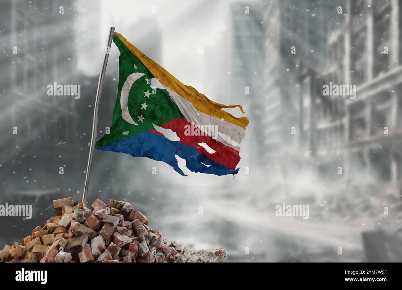 Dirty and torn Comoros flag, symbol of resistance and victory. A scene ...