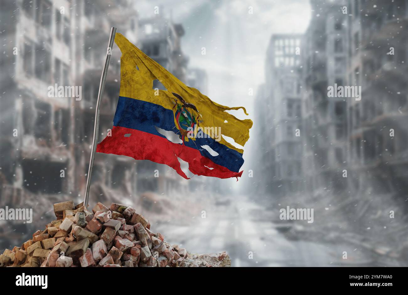 Dirty and torn Ecuadorflag, symbol of resistance and victory. A scene ...