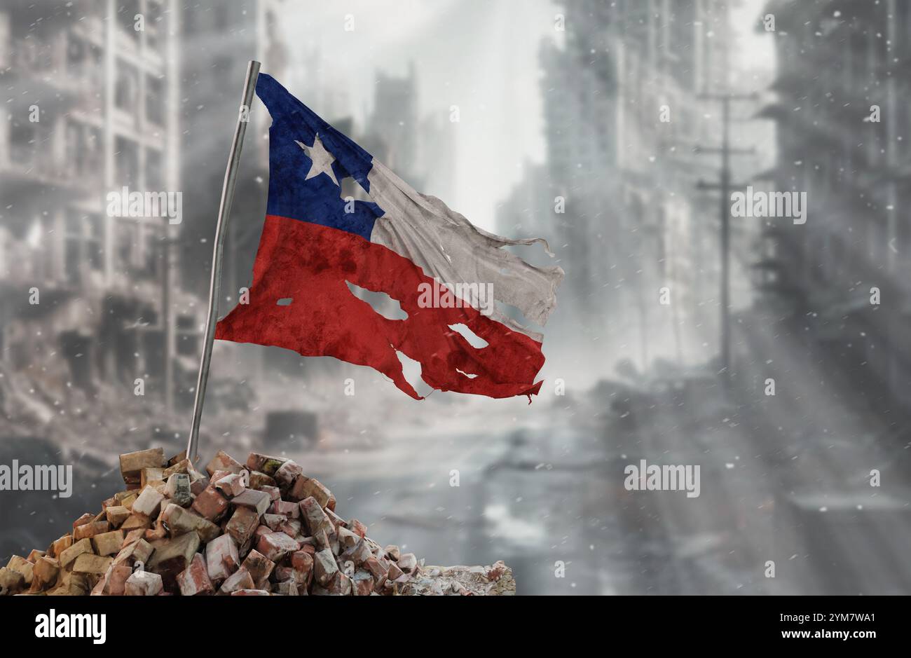 Dirty and torn Chile flag, symbol of resistance and victory. A scene of ...