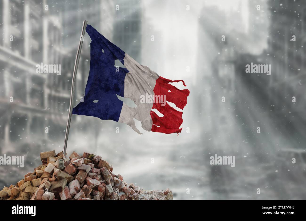 Dirty and torn France flag, symbol of resistance and victory. A scene ...