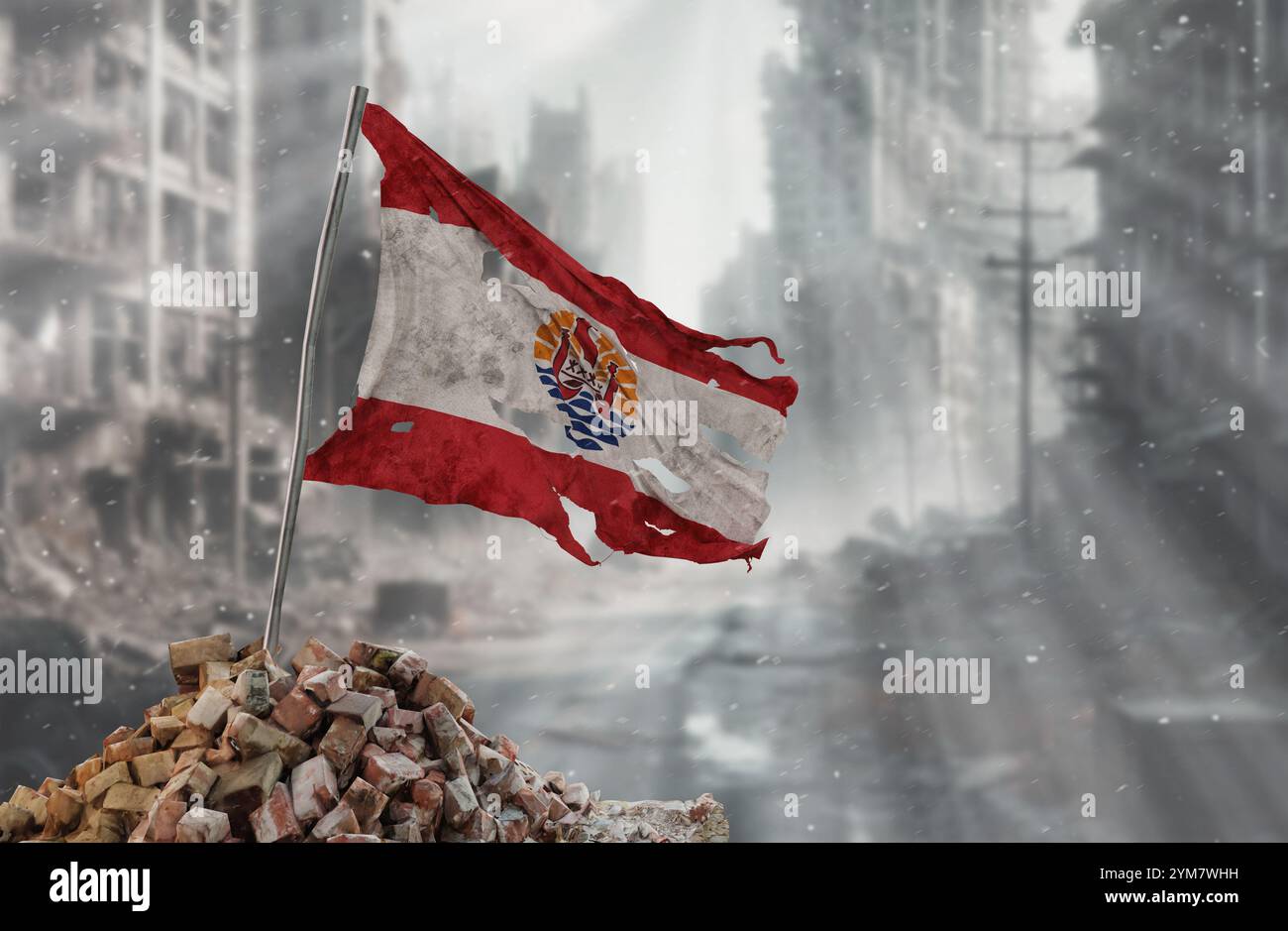 Dirty and torn French Polynesia flag, symbol of resistance and victory ...