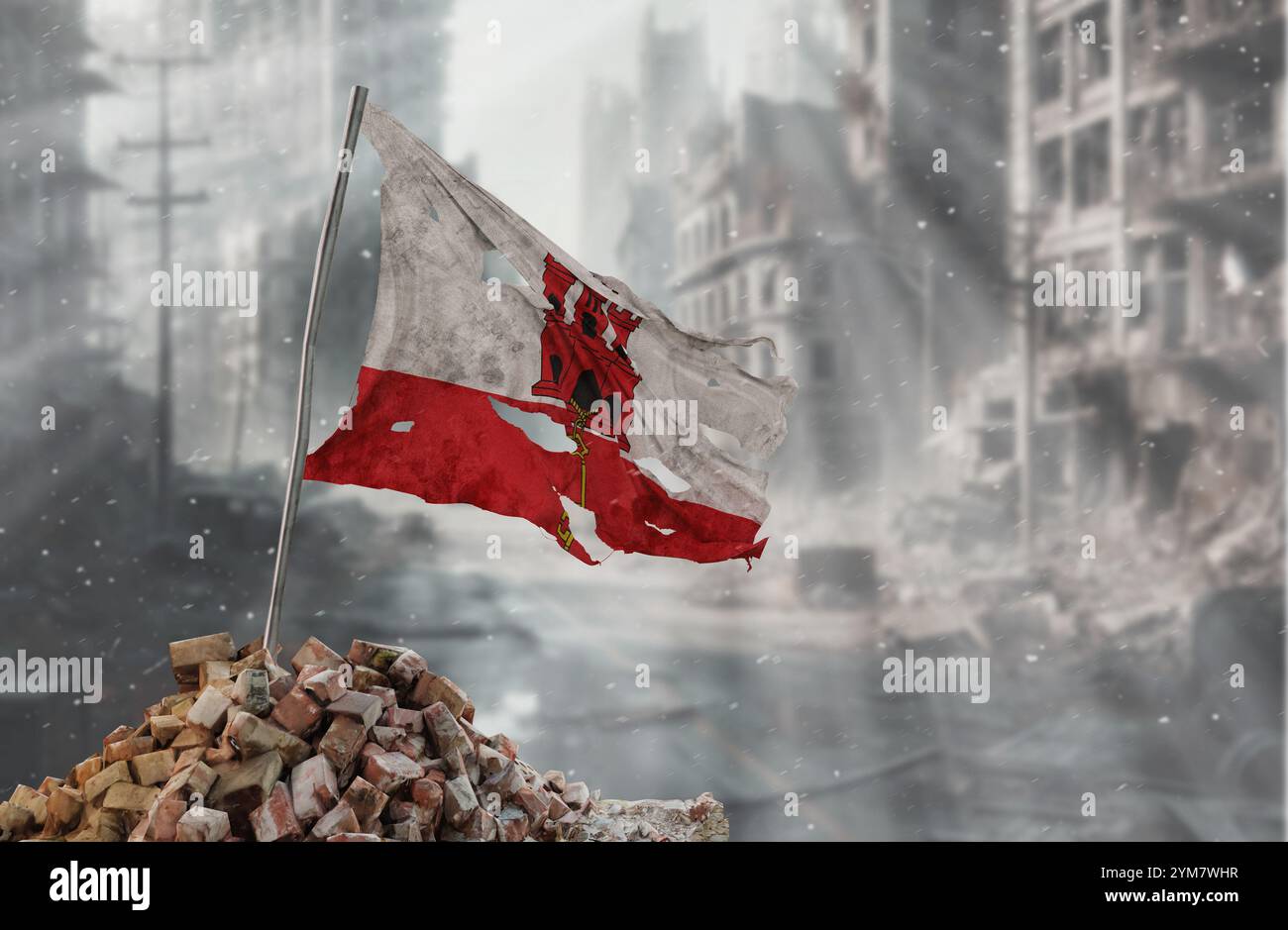 Dirty and torn Gibraltar flag, symbol of resistance and victory. A ...