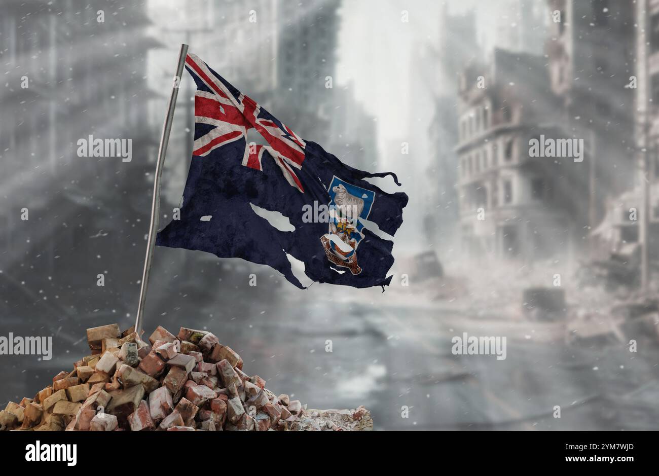 Dirty and torn Falkland Islands flag, symbol of resistance and victory ...