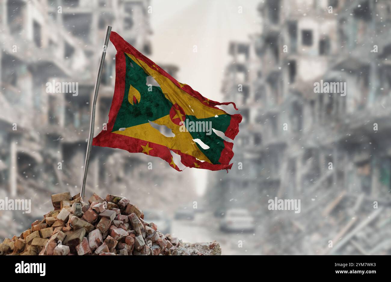 Dirty and torn Grenada flag, symbol of resistance and victory. A scene ...