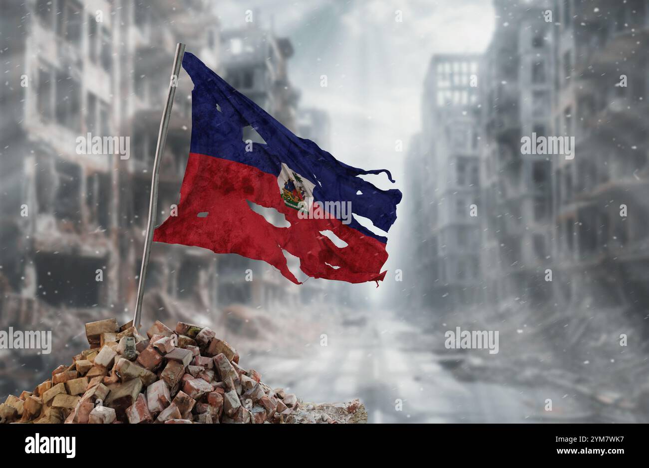 Dirty and torn Haiti flag, symbol of resistance and victory. A scene of ...