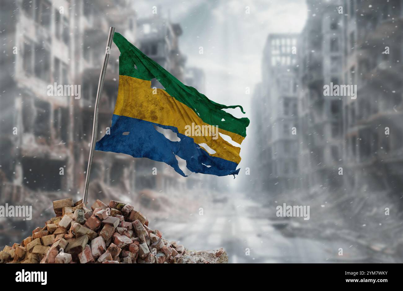 Dirty and torn Gabon flag, symbol of resistance and victory. A scene of ...