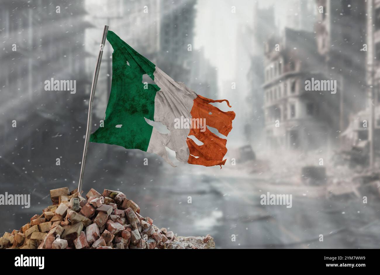 Dirty and torn Ireland flag, symbol of resistance and victory. A scene ...