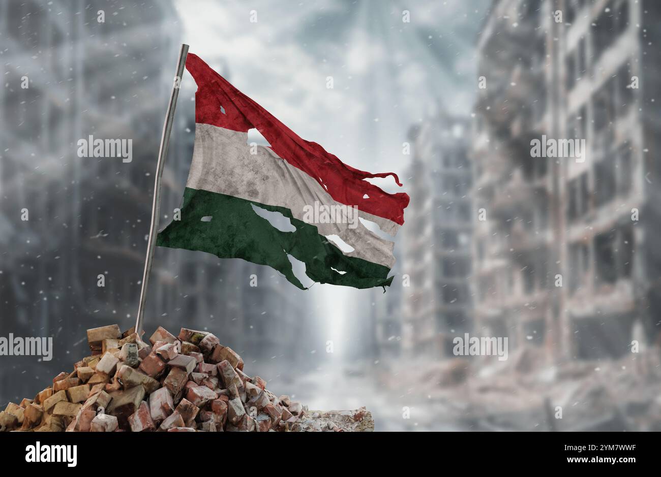 Dirty and torn Hungary flag, symbol of resistance and victory. A scene ...