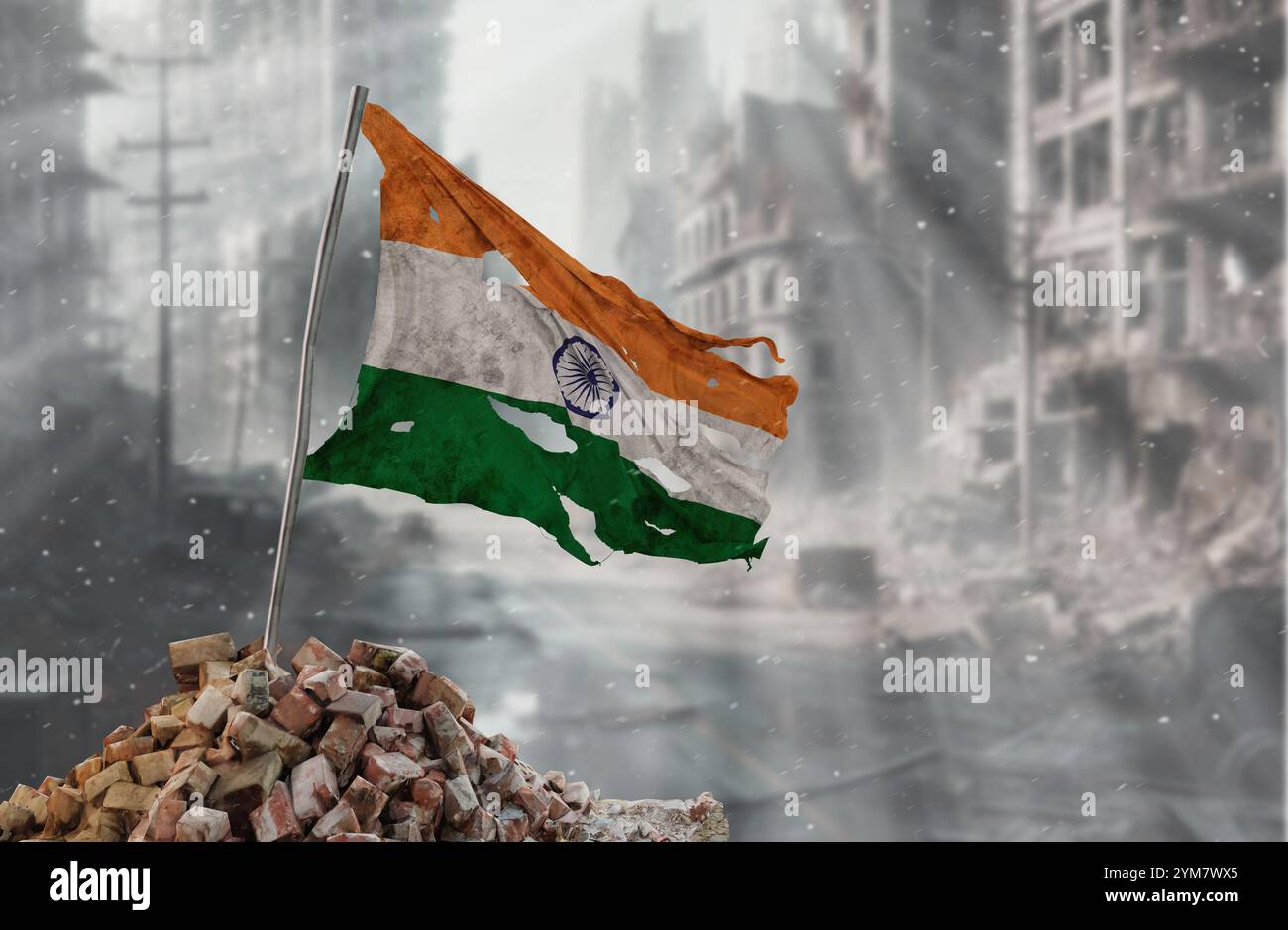 Dirty and torn India flag, symbol of resistance and victory. A scene of ...